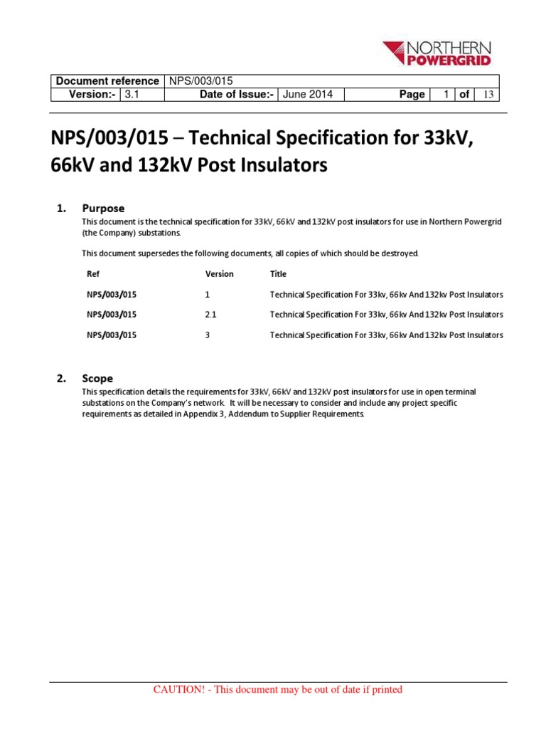 NPS - 003 - 015 Tech Specs For 33kV 66kV 132kV Post Insulators | PDF | Insulator (Electricity ...