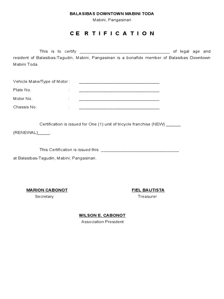 Balasibas Downtown TODA Certificate | PDF | Fee | Legal Documents