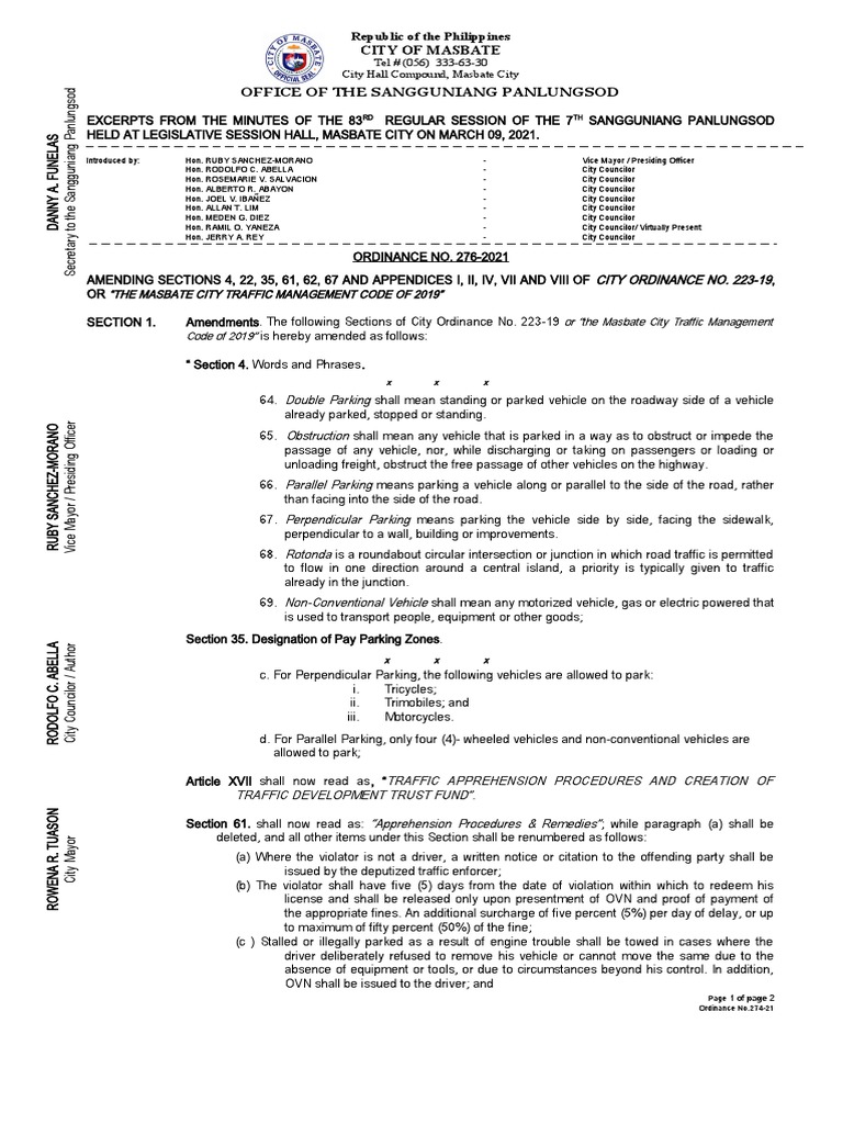 Ordinance No. 276 2021 Amending Traffic - Mco - 021112 | PDF | Traffic | Road