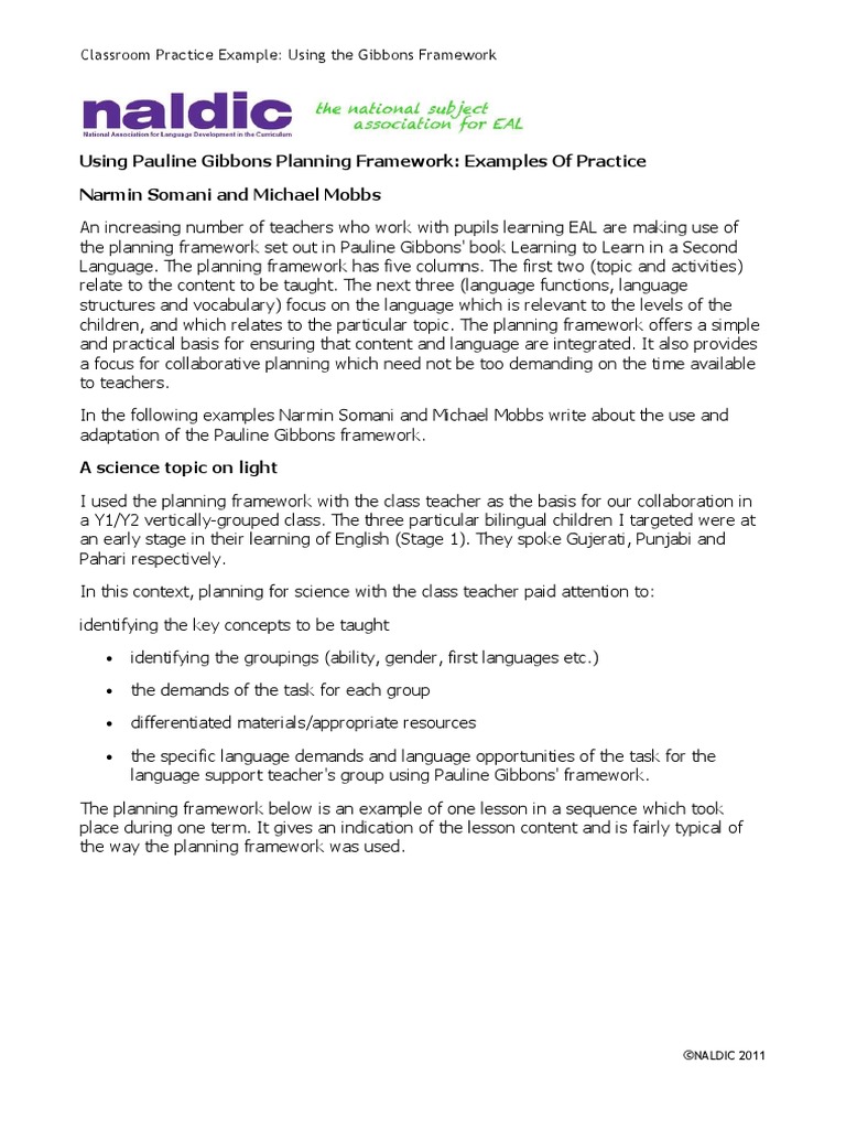 Gibbons EAL Framework Example | PDF | Curriculum | Teachers