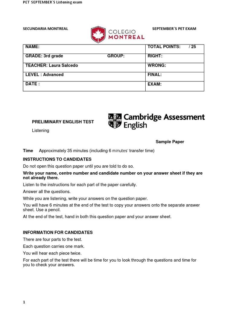Grade 3 PET Listening Exam Sample | PDF | Test (Assessment)