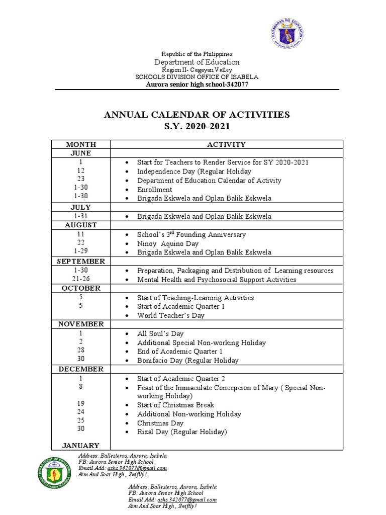 Sghool-Based Calendar of Activities | PDF | Philippines | Observances
