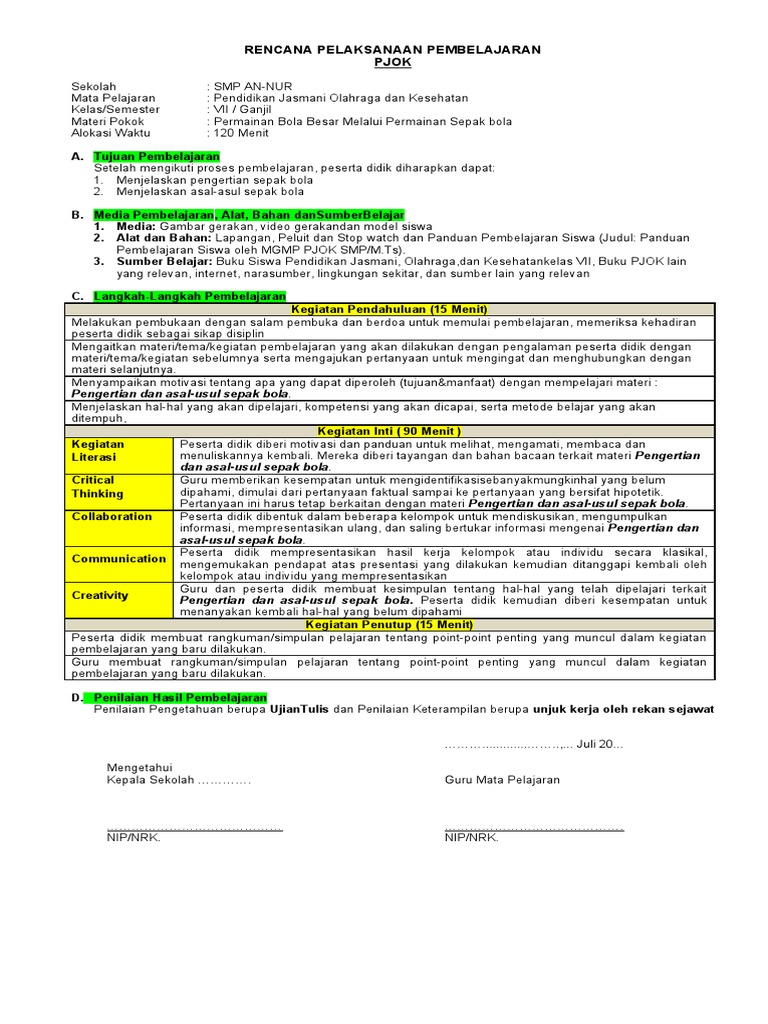 Contoh RPP 1 LBR PJOK 7 SM 1-Www - Kherysuryawan.id | PDF