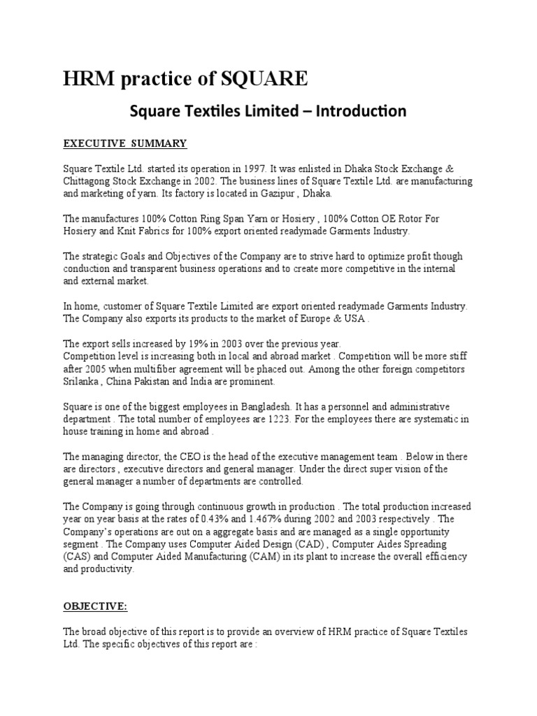 HRM Practice of SQUARE: Square Textiles Limited - Introduction | PDF ...