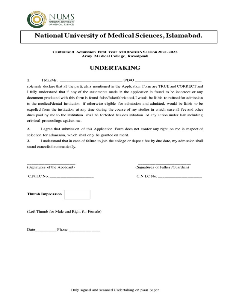 Undertaking For NUMS Admission | PDF