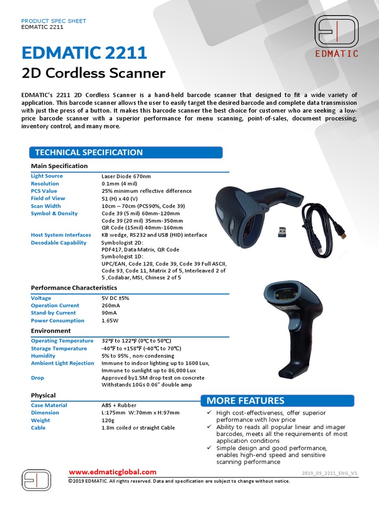 EDMATIC 2211: 2D Cordless Scanner | PDF | Barcode | Image Scanner