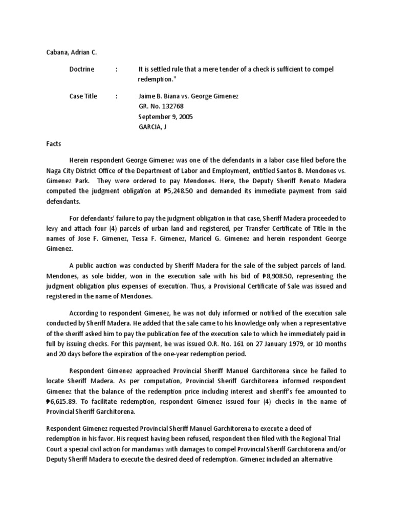 Jaime B. Biana vs. George Gimenez | PDF | Mandamus | Common Law