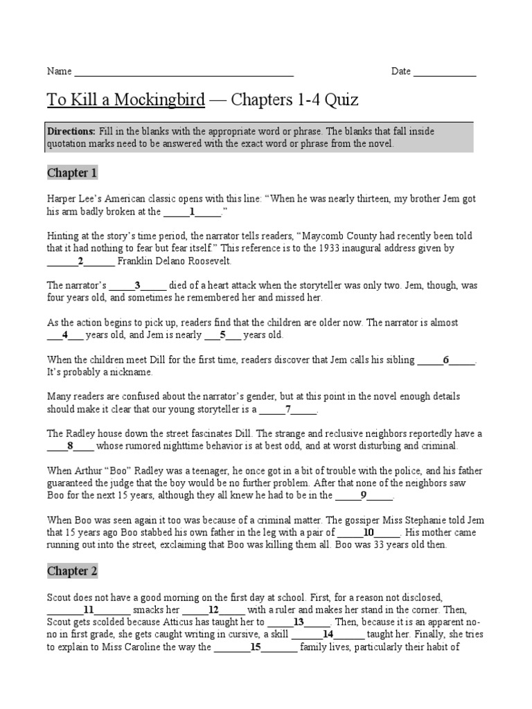 To Kill A Mockingbird - Chapters 1-4 Quiz | PDF | To Kill A Mockingbird