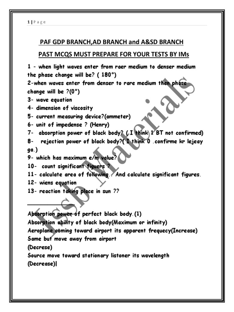 Paf Branches Past Mcqs by Issb Materials | PDF | Electron | Force