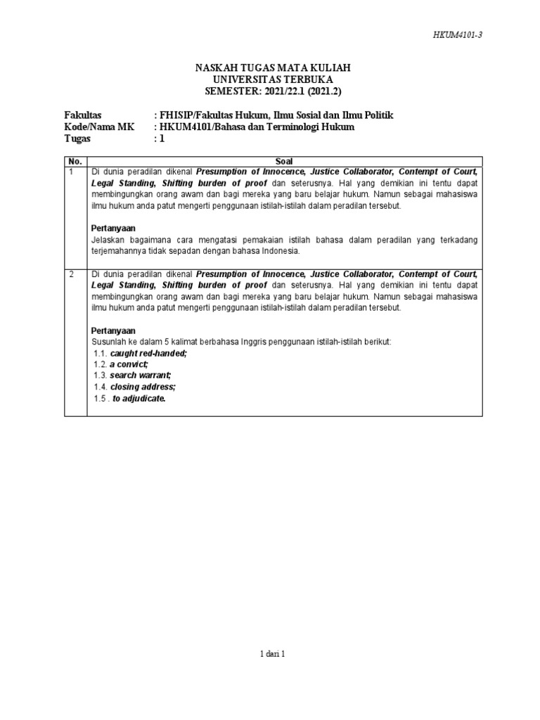 Soal Hkum4101 Tmk1 3 | PDF | Seni & Disiplin Bahasa | Sains & Matematika