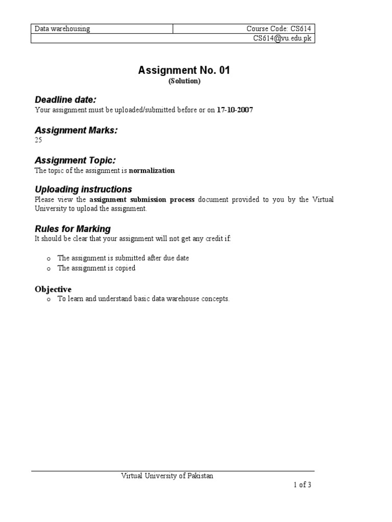 Data Warehousing - CS614 Fall 2007 Assignment 01 Solution | PDF | Data Warehouse | Warehouse