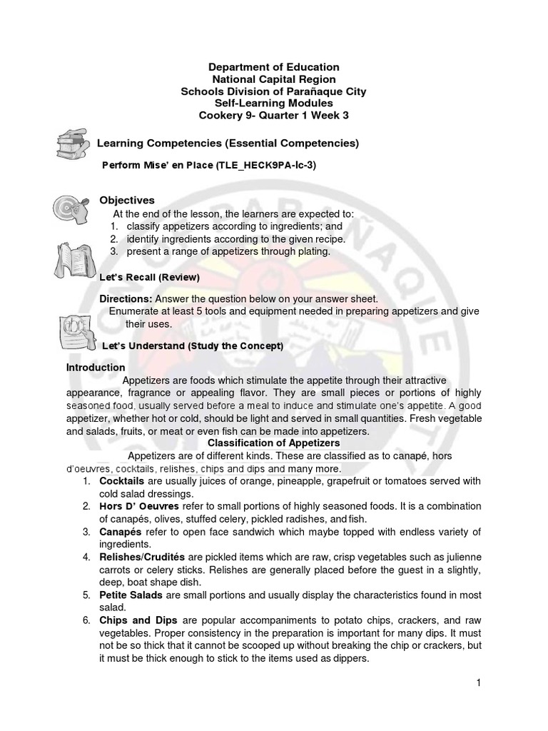 Tle Cookery Grade9 Module4 Quarter Week3 | PDF | Hors D'oeuvre | Pickling