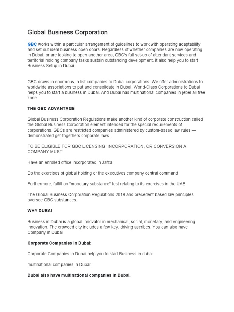 Global Business Corporation | PDF | Dubai | Multinational Corporation