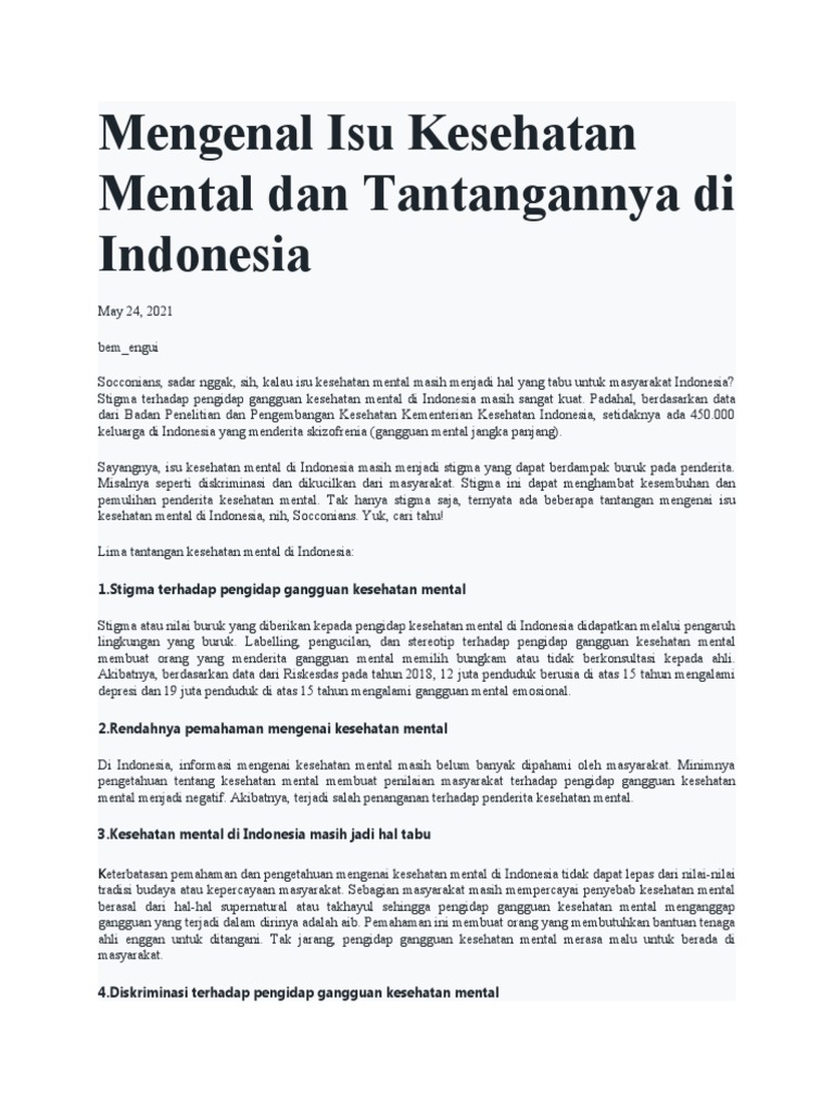 Artikel Mengenal Isu Kesehatan Mental Dan Tantangannya Di Indonesia | PDF