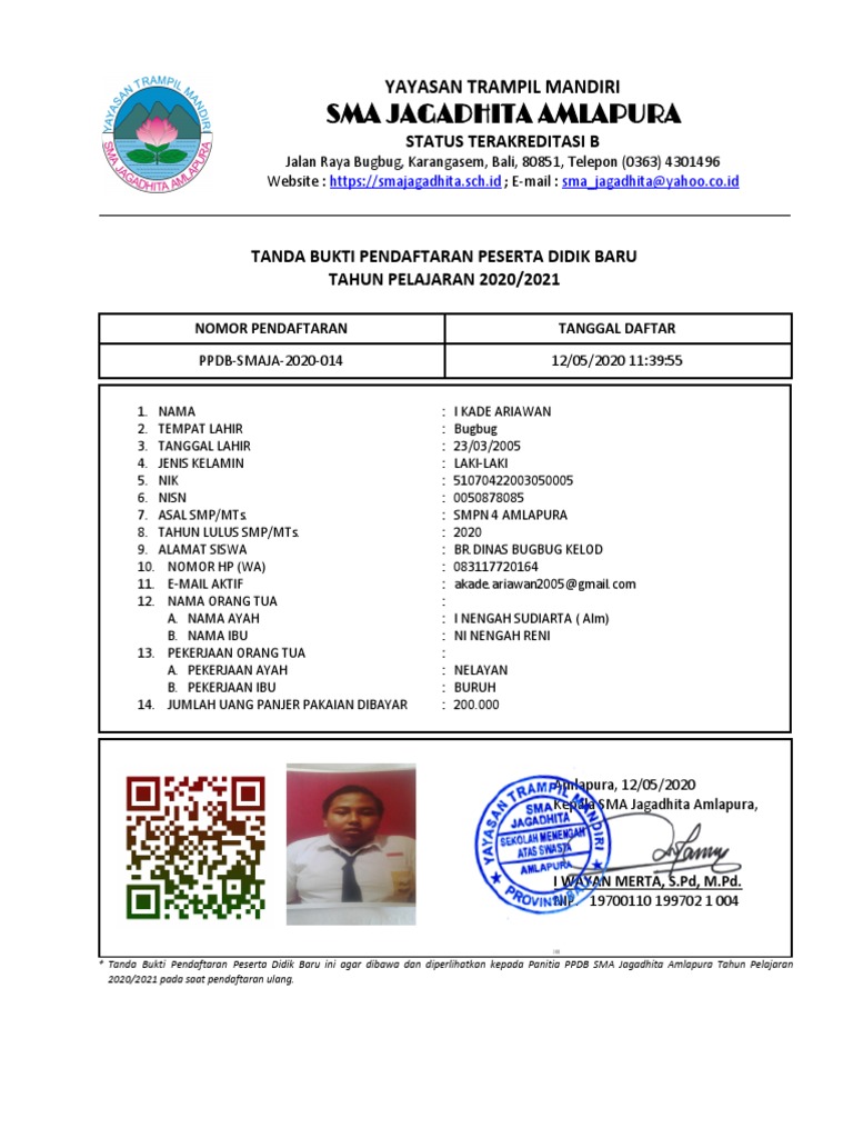 Tanda Bukti PPDB SMAJA 2020-2021 - I KADE ARIAWAN | PDF