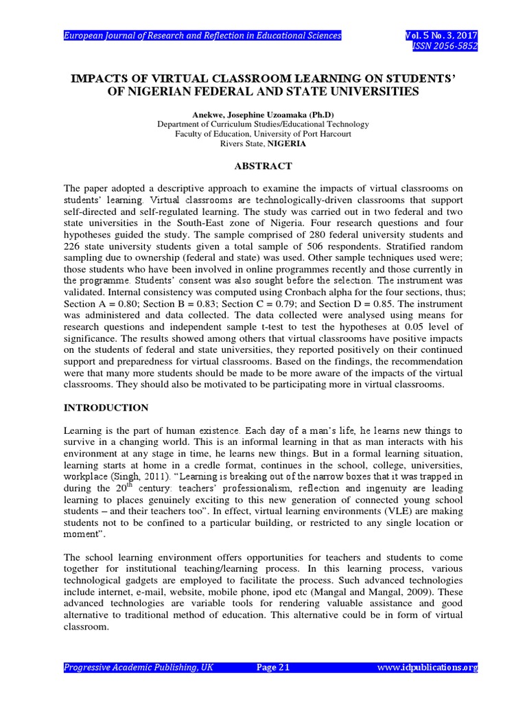 Full Paper IMPACTS OF VIRTUAL CLASSROOM LEARNING ON STUDENTS' OF ...