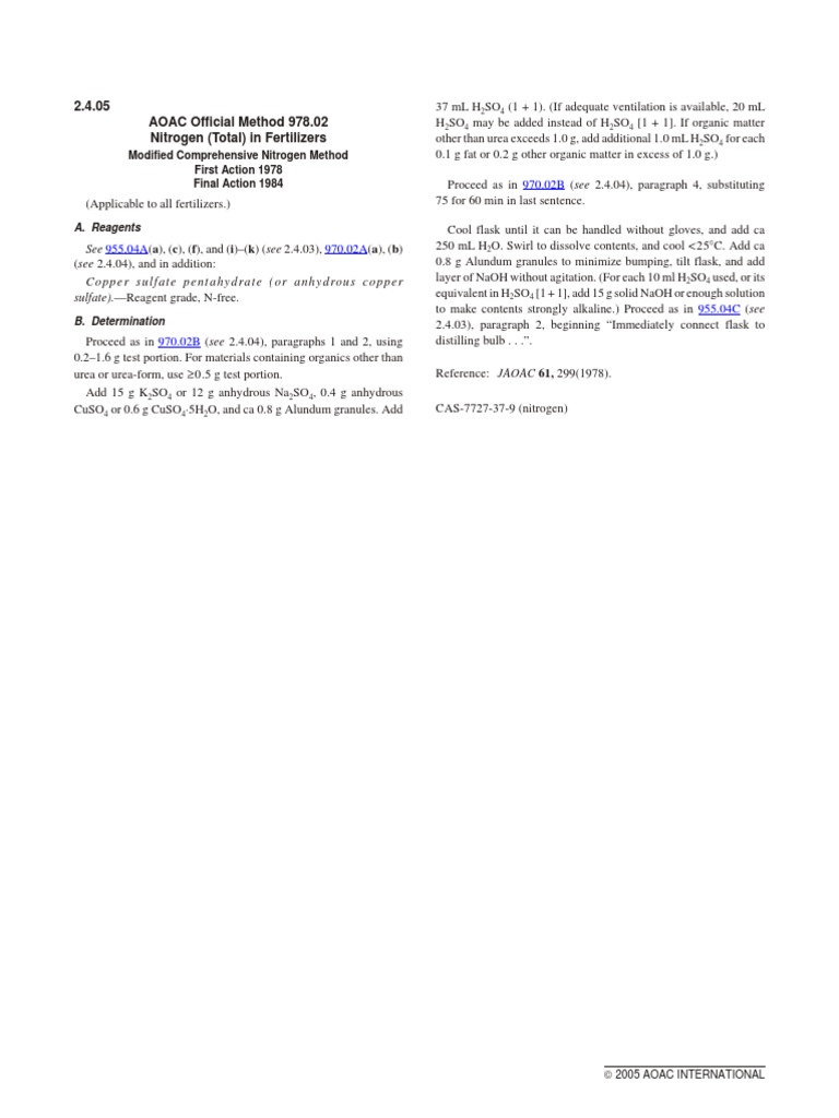 AOAC Method 978.02 for Nitrogen Analysis | PDF | Home & Garden