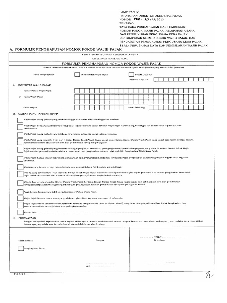 Formulir Penghapusan NPWP PER 20 - 2013 | PDF