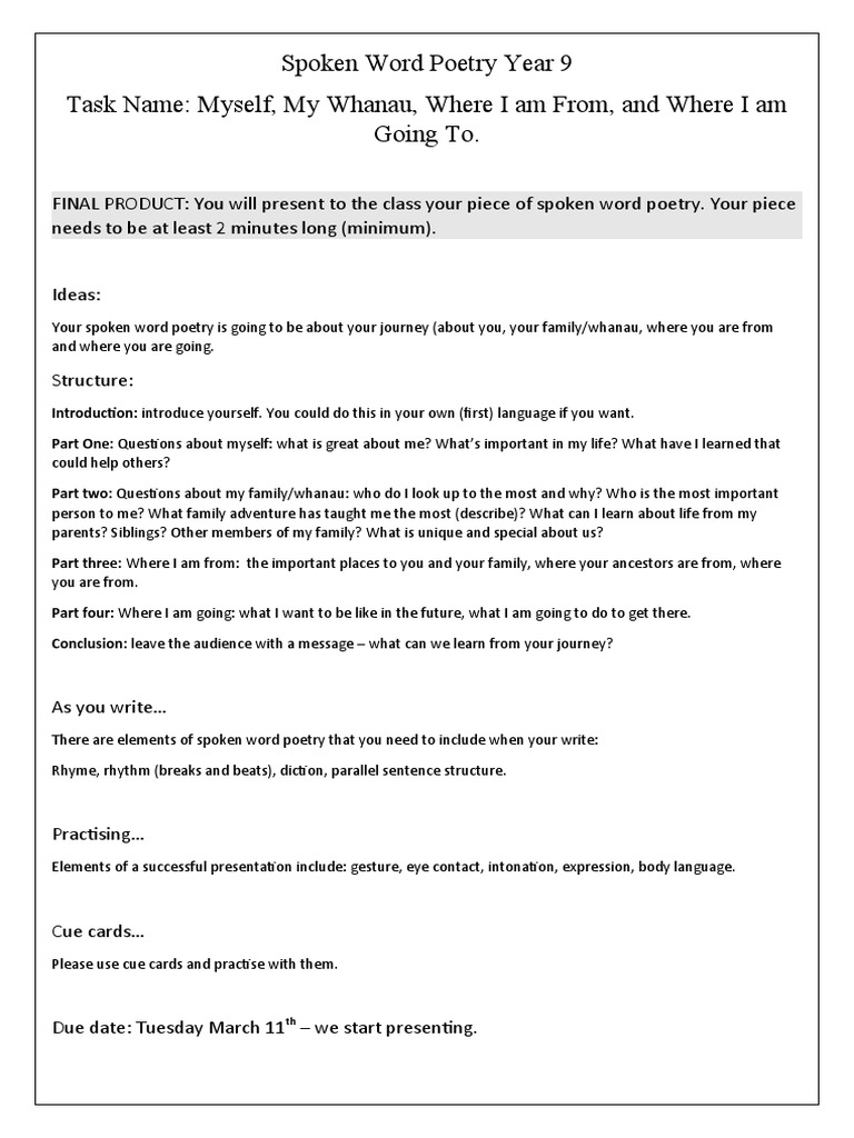Spoken Word Poetry Year 9 Task | PDF | Poetry | Neuropsychological ...