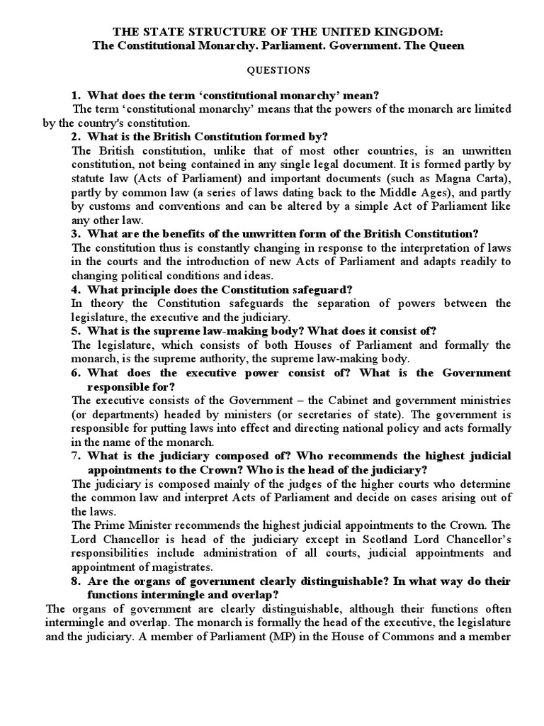 Questions. Constitutional Monarchy. Parliament. Government. The Queen ...