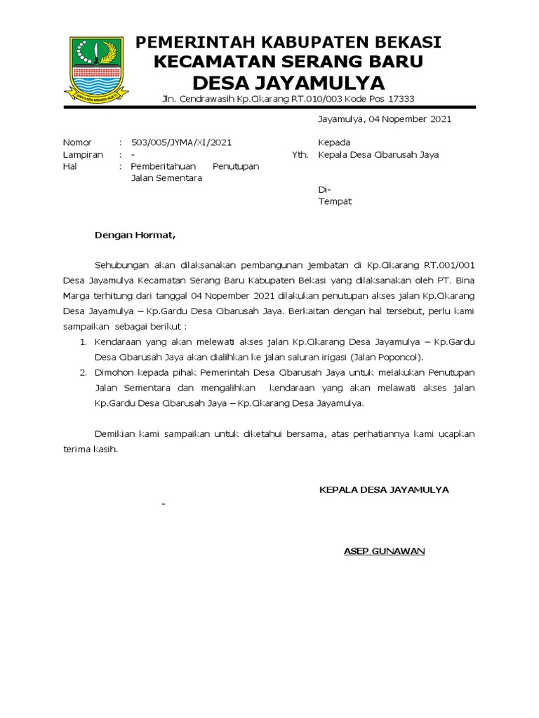 Surat Pemberitahuan Penutupan Jalan | PDF