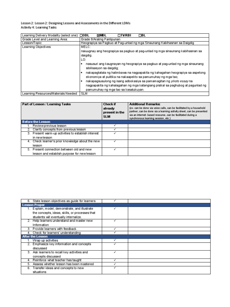 Lesson 2: Lesson 2: Designing Lessons and Assessments in The Different ...
