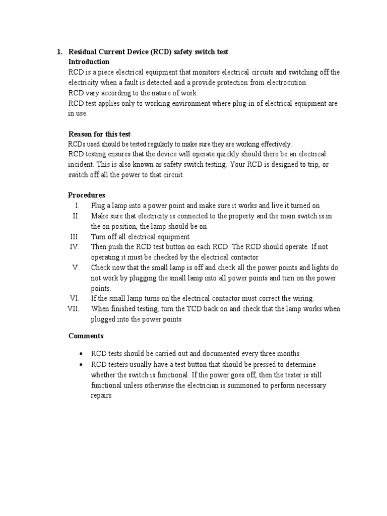 Residual Current Device (RCD) Safety Switch Test | PDF | Electronics ...