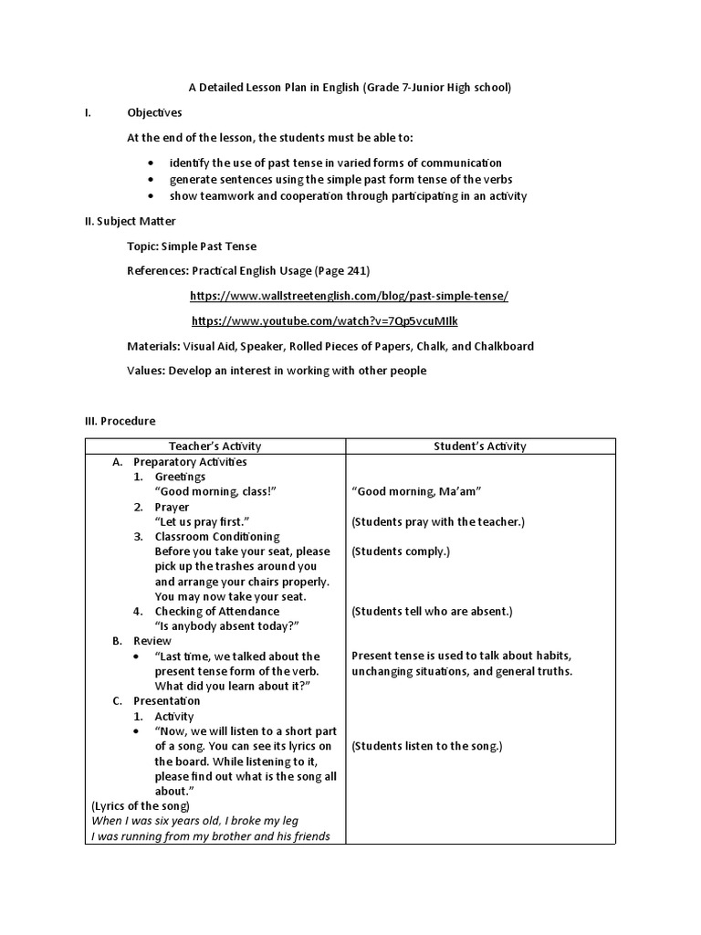A Detailed Lesson Plan in English | PDF | Grammatical Tense | Lesson Plan