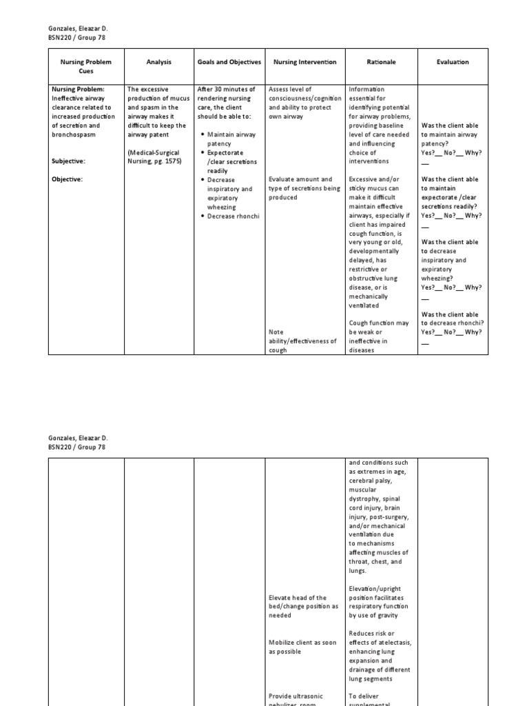 NCP-Ineffective Airway Clearance | PDF | Respiratory Tract | Cough
