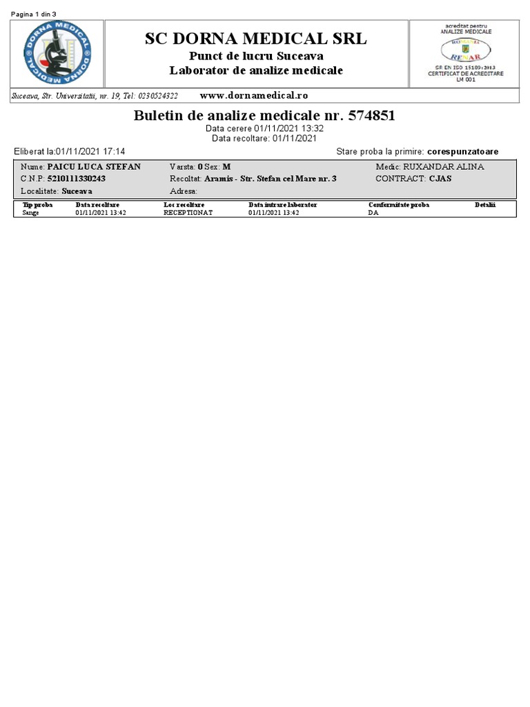 SC Dorna Medical SRL: Buletin de Analize Medicale Nr. 574851 | PDF