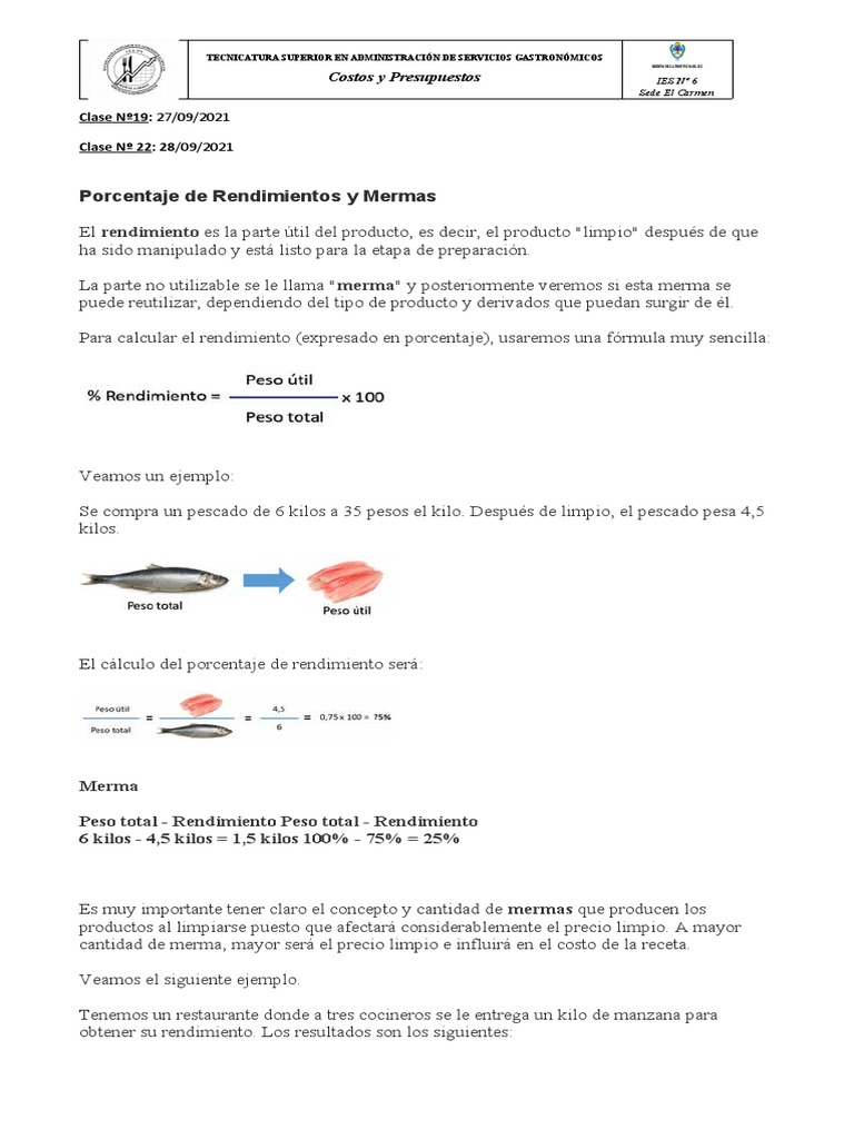 Cálculo de Merma y Rendimiento Alimenticio | PDF | Alimentos | Artes ...