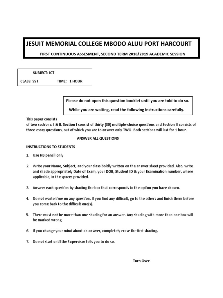 Ict Ss1-2nd Term 1st CA | PDF | Computer Hardware | Input/Output