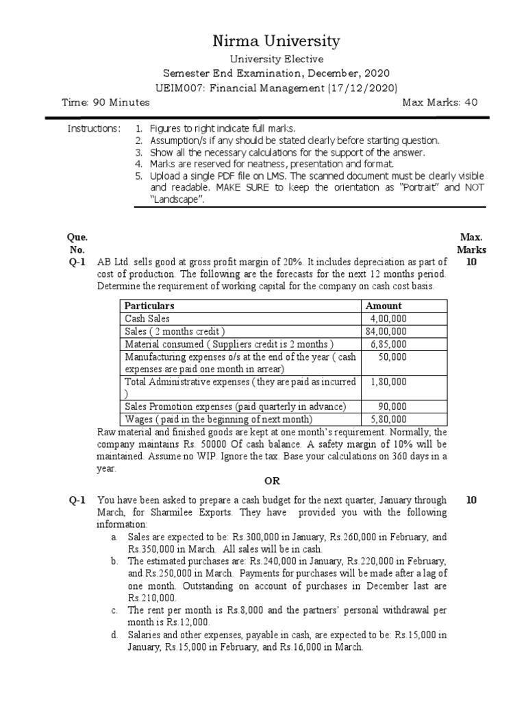 Question Paper UEIM007 Financial Management | PDF | Career & Growth ...