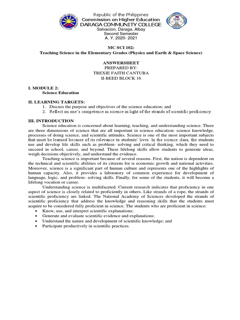 Module 2 Answersheet The Elementary Science Curriculum MC SCI 102 | PDF ...