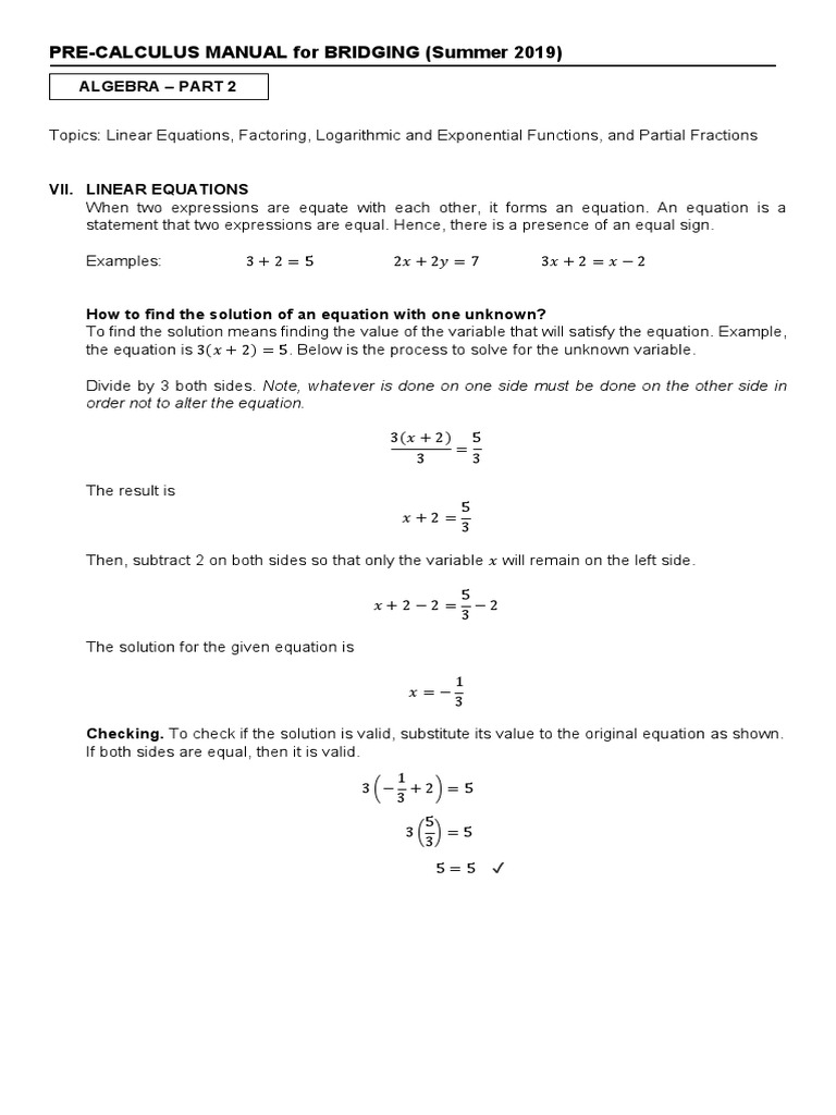 Pre-Calculus Manual For Bridging (Summer 2019) : Algebra - Part 2 | PDF ...