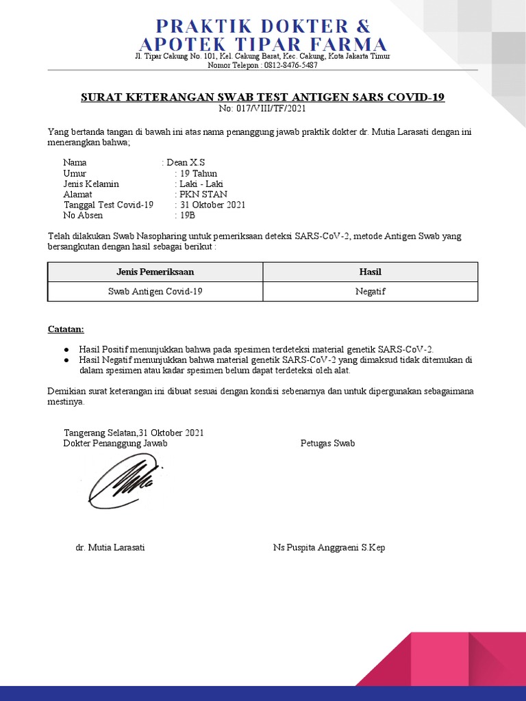 Surat Keterangan Swab Test Antigen Sars Covid-19: Jenis Pemeriksaan ...