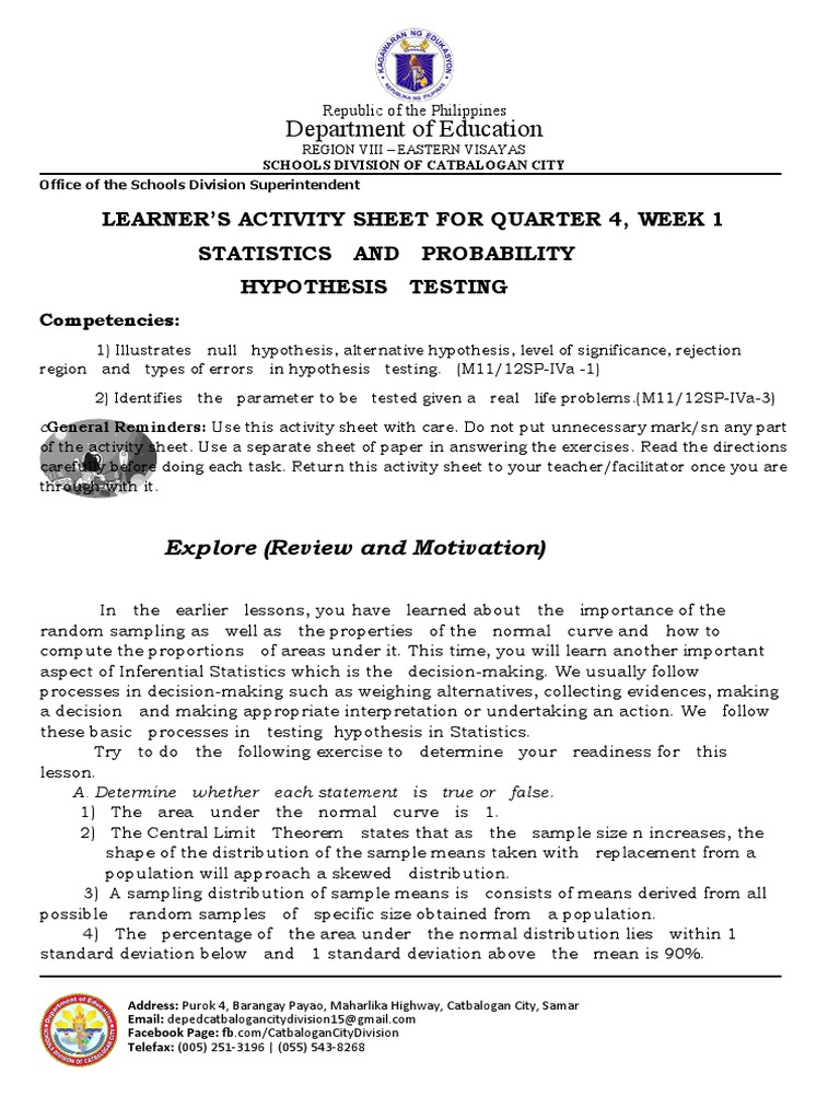 LAS Q4 W1 STAT AND PROBCabudsanSNHS | PDF | Type I And Type Ii Errors | P Value