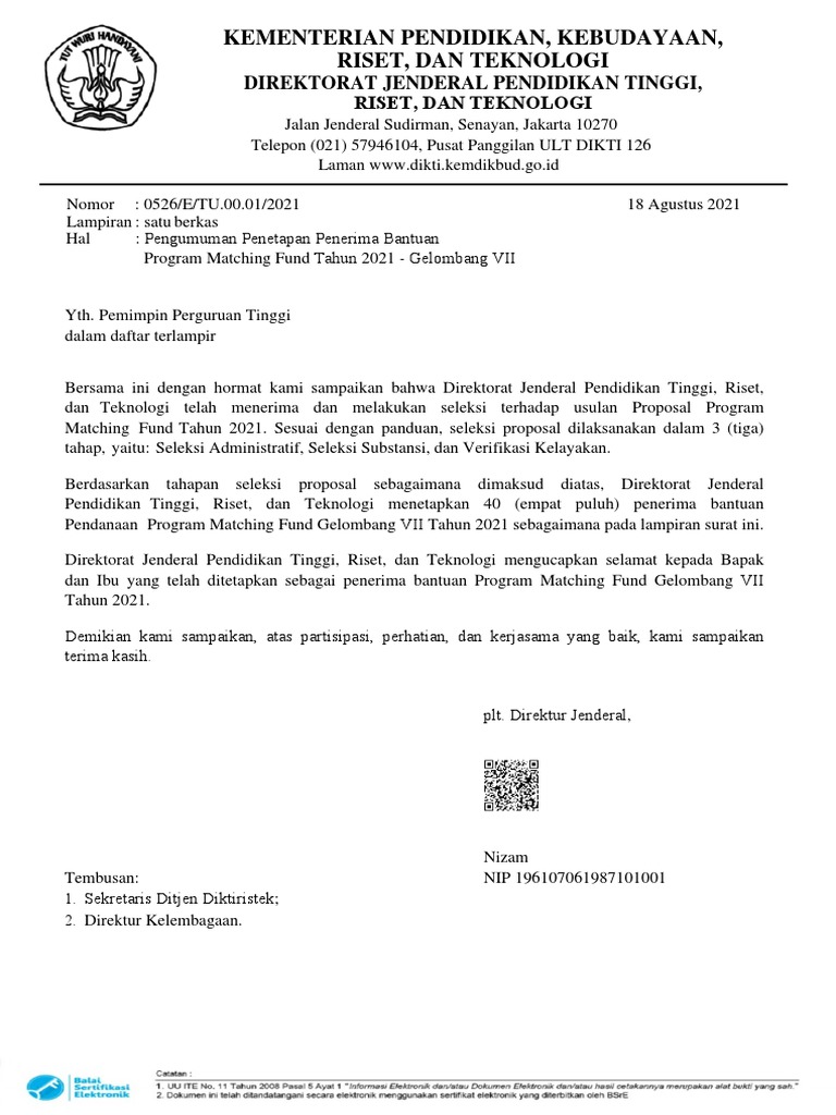 Surat Penerima Bantuan Program Matching Fund 2021 Gelombang 7 | PDF Surat Penerima Bantuan Program Matching Fund 2021 Gelombang 7 | PDF