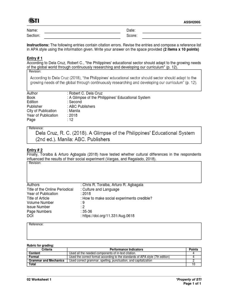 Instructions: The Following Entries Contain Citation Errors. Revise The Entries and Compose A ...