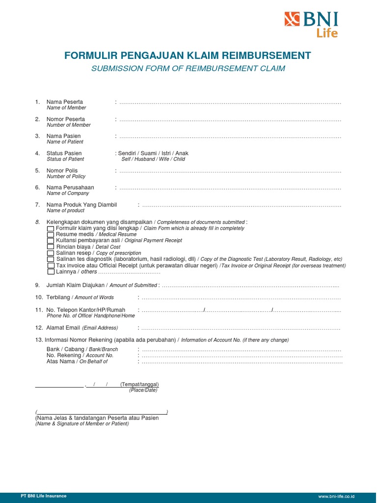 Formulir Pengajuan Klaim Reimbursement Individu | PDF | Receipt | Medicine