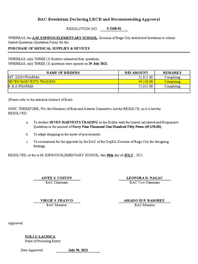 BAC Resolution - DepEd | PDF