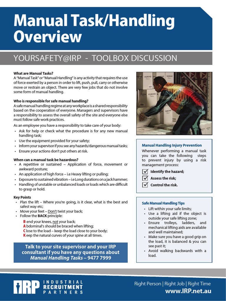 Manual Task/Handling: Yoursafety@Irp - Toolbox Discussion | PDF | Risk ...