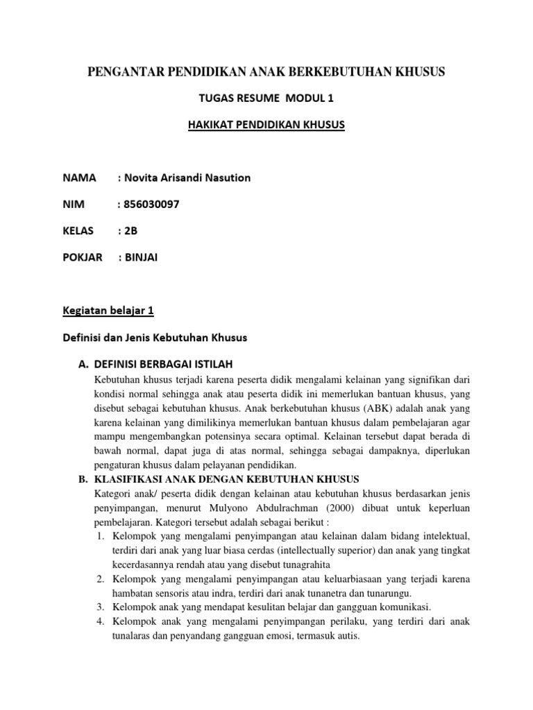 TUGAS RESUME MODUL 1 ANAK BERK - KHUSUS Novy | PDF