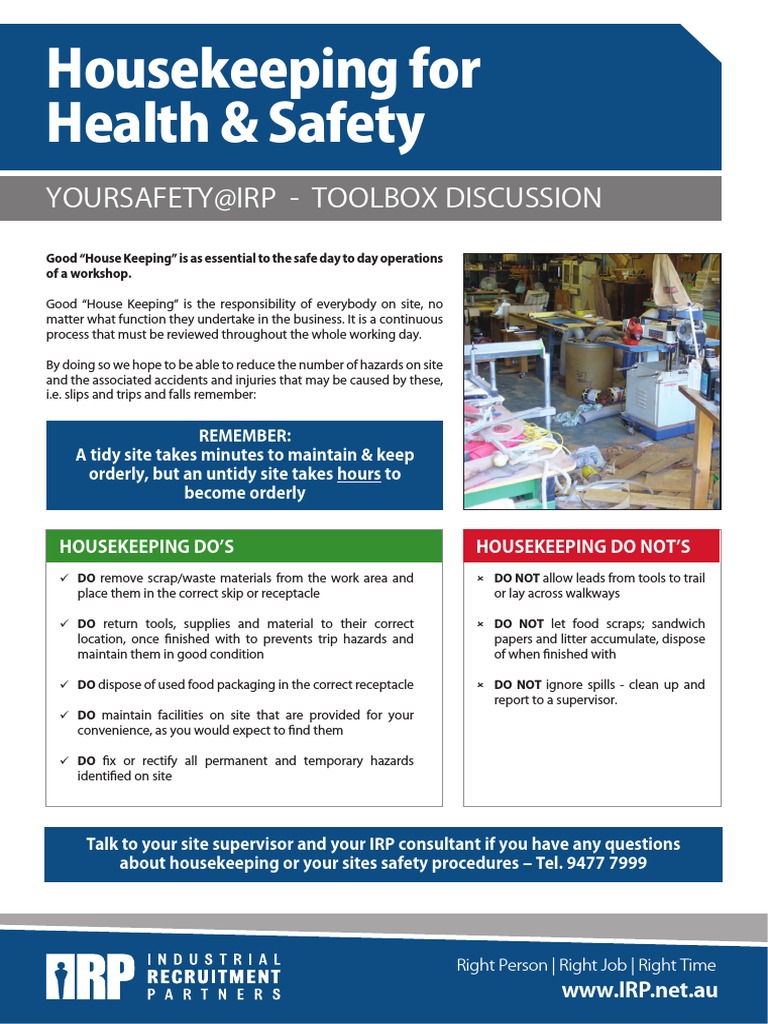 Housekeeping For Health & Safety: Yoursafety@Irp - Toolbox Discussion | PDF