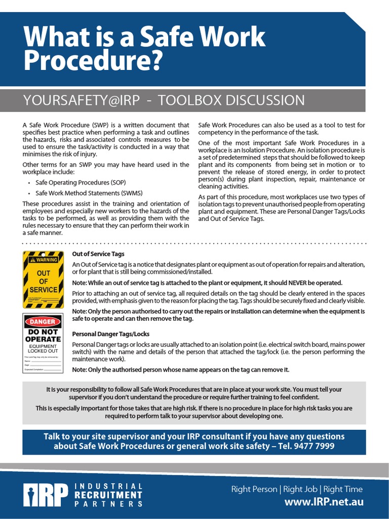 What Is A Safe Work Procedure?: Yoursafety@Irp - Toolbox Discussion ...