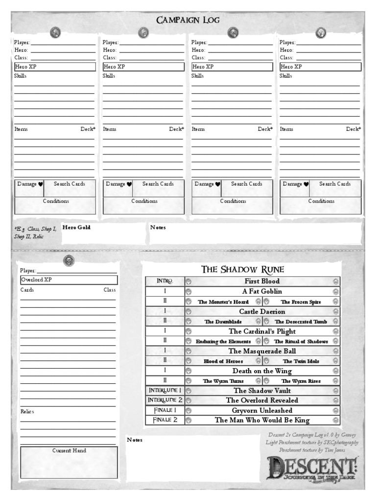 Descent 2e Campaign Log: Tracking hero progression, items, skills and ...