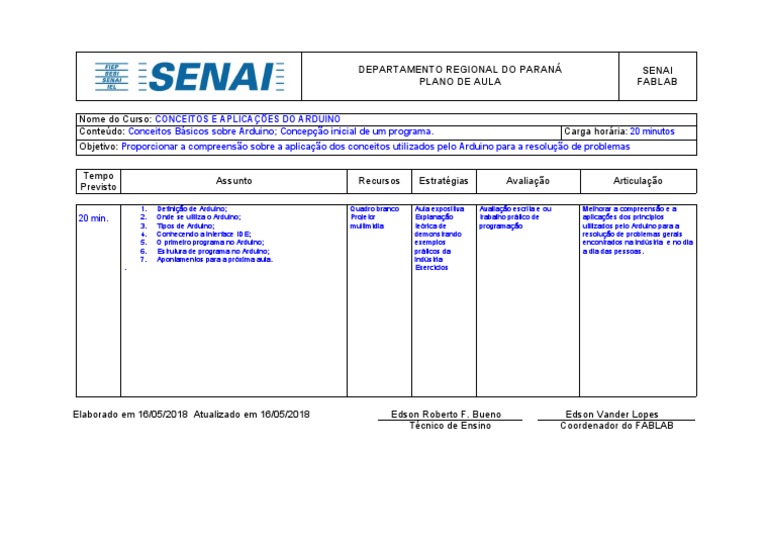Plano de Aula Arduino Inicial | PDF