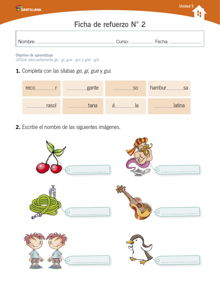 Ficha de Refuerzo #2: 1. Completa Con Las Sílabas Ge, Gi, Gue y Gui | PDF