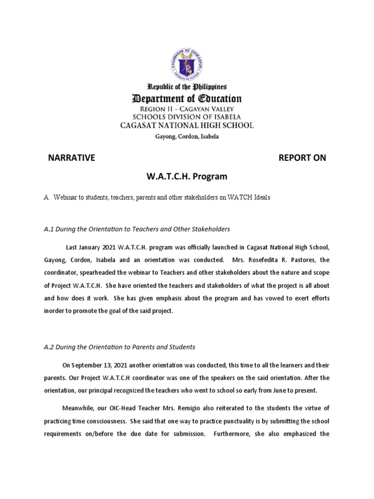 Narrative Report On W.A.T.C.H. Program: A.1 During The Orientation To ...