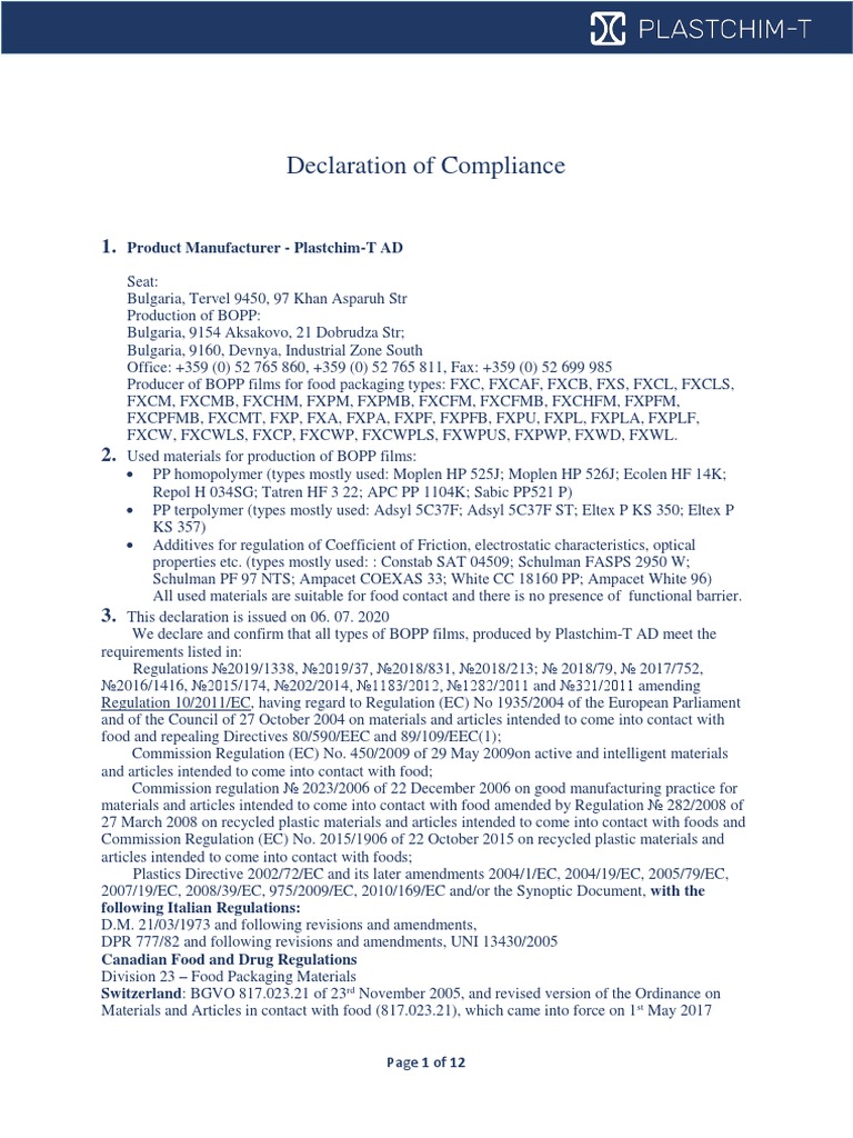 Declaration of Compliance: Product Manufacturer - Plastchim-T AD | PDF ...